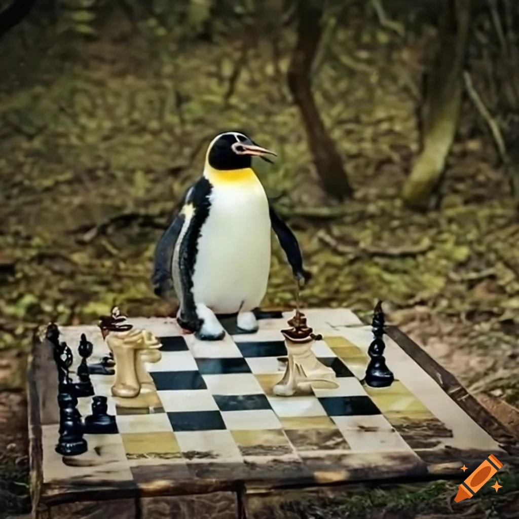 Penguin playing chess with a monkey in the forest on Craiyon