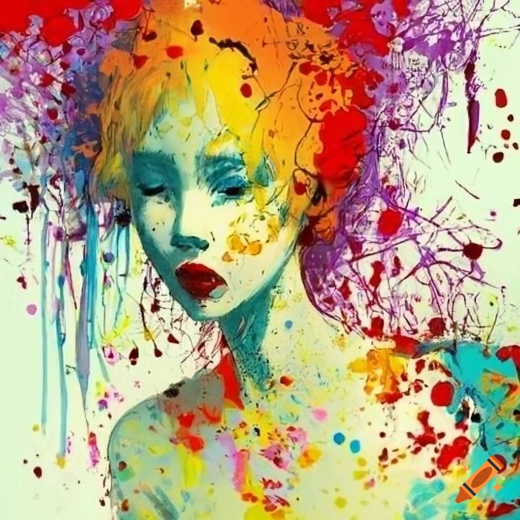 Abstract splatter painting in silver, white, light green, red, lilac ...