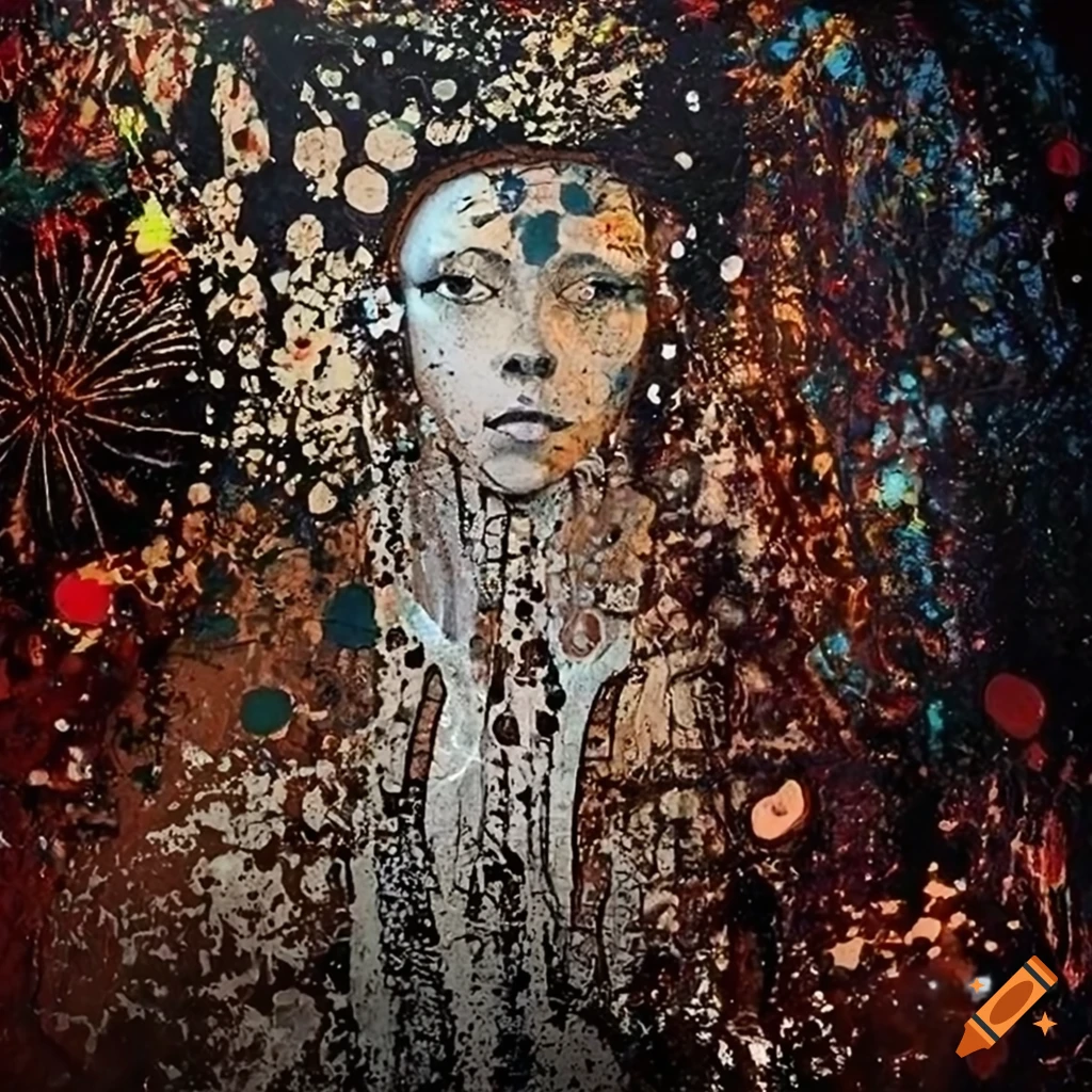 Abstract splatter painting of a woman surrounded by exotic flowers and ...