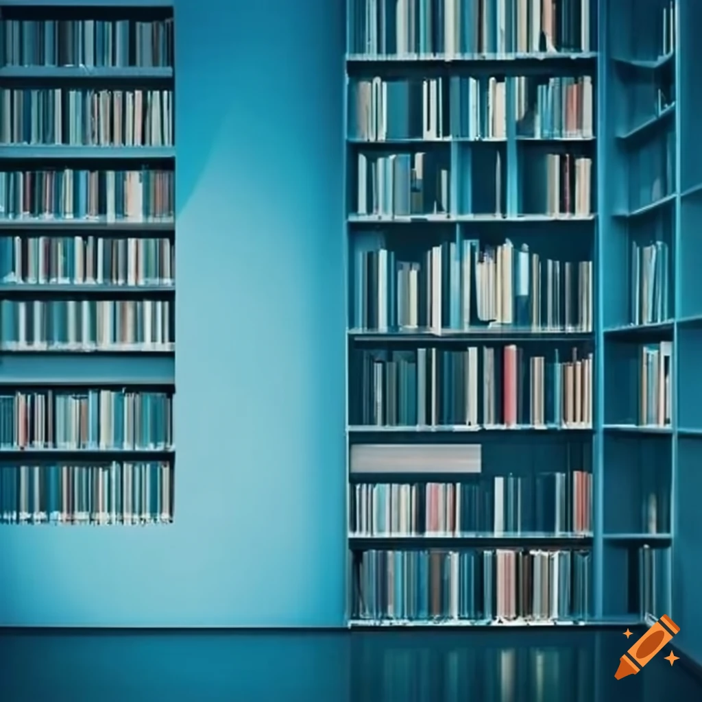 Modern library with lots of books in a cozy light blue atmosphere on ...
