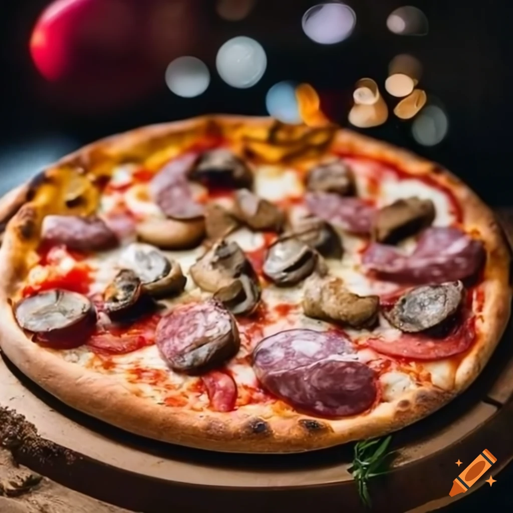 Pizza with champignon and salami toppings on Craiyon