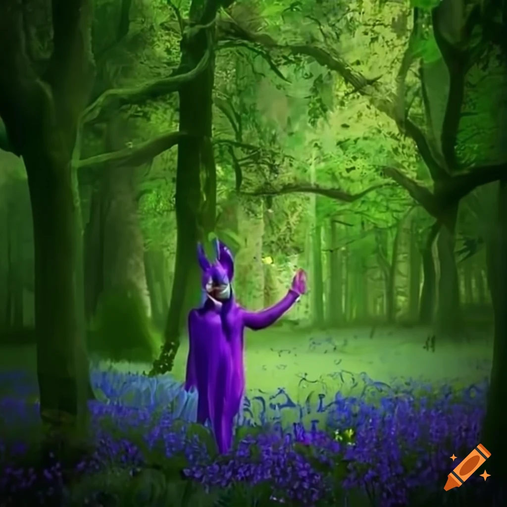 Intriguing jester character in a lush forest with vibrant hyacinth ...