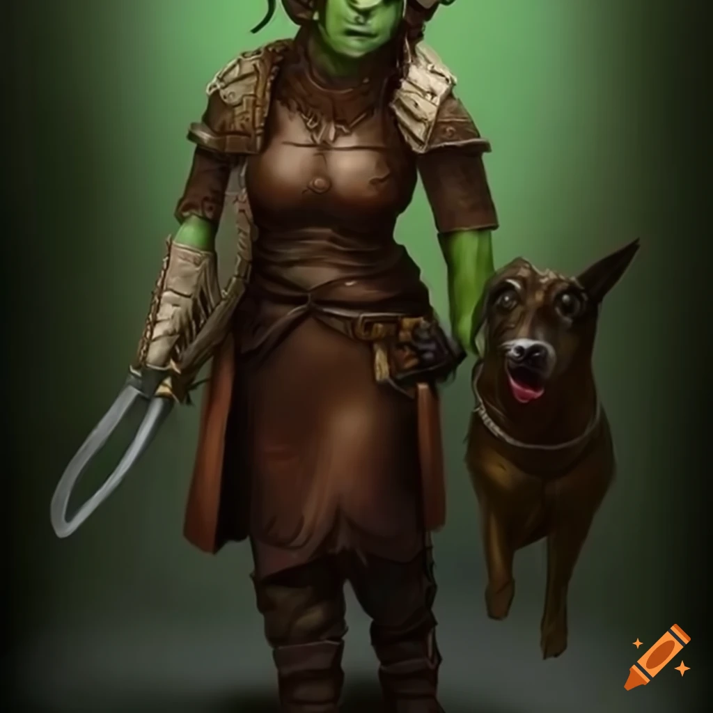 Female half-orc ranger with dog companion on Craiyon