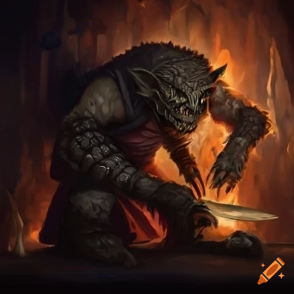 Dark fantasy image of a bugbear rogue with a dagger in a dimly lit room ...