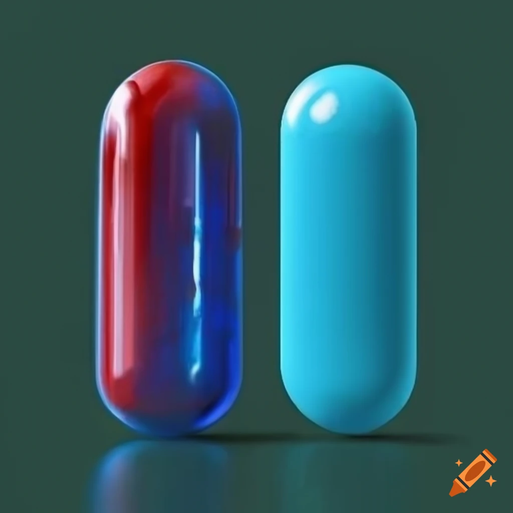 Blue and red pills inspired by the movie 'Matrix' in an abstract dreamy ...