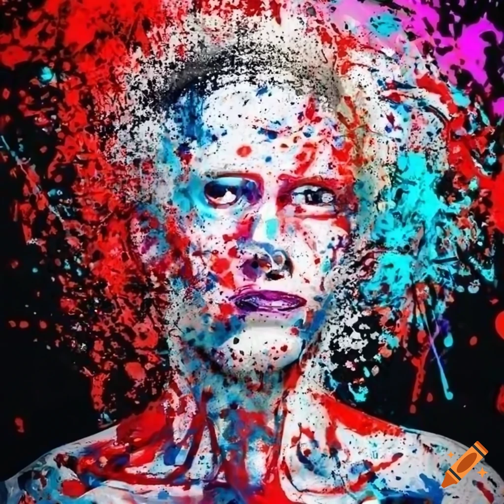 Abstract splatter painting with silver, white, pink, and blue colors on ...