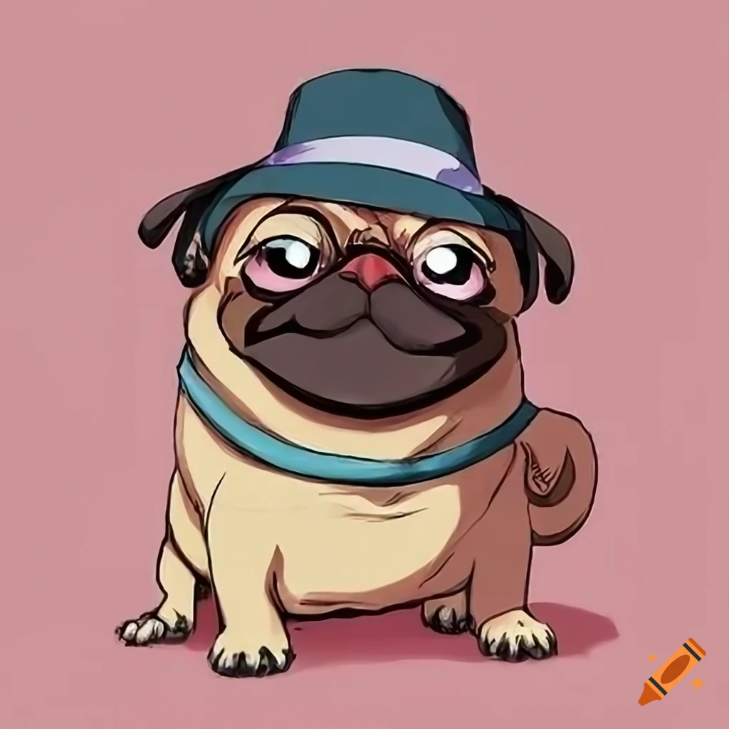 Pug wearing a hat in an anime style on Craiyon