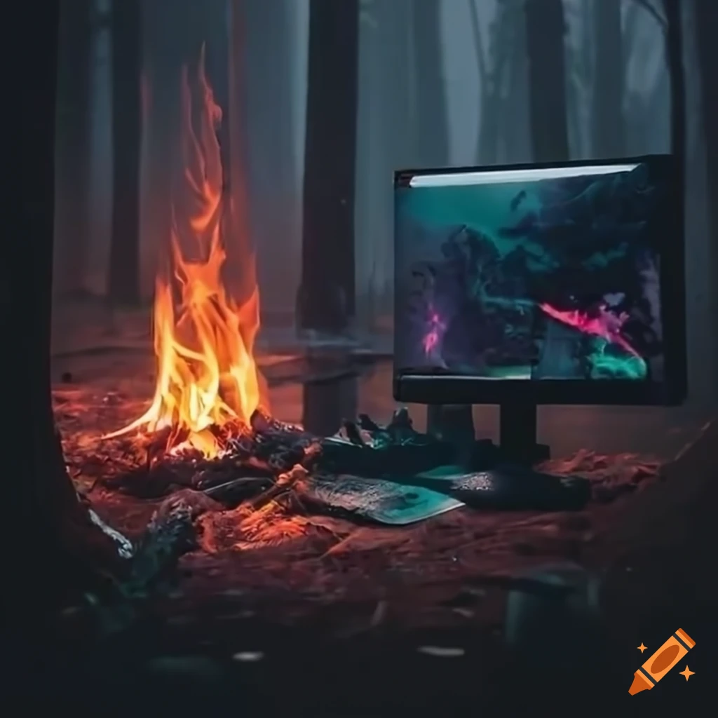 PC setup in a dark forest with a campfire on Craiyon