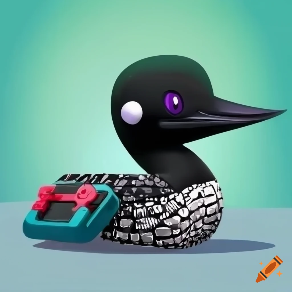Cute cartoon black loon with Nintendo Switch game boxes on Craiyon