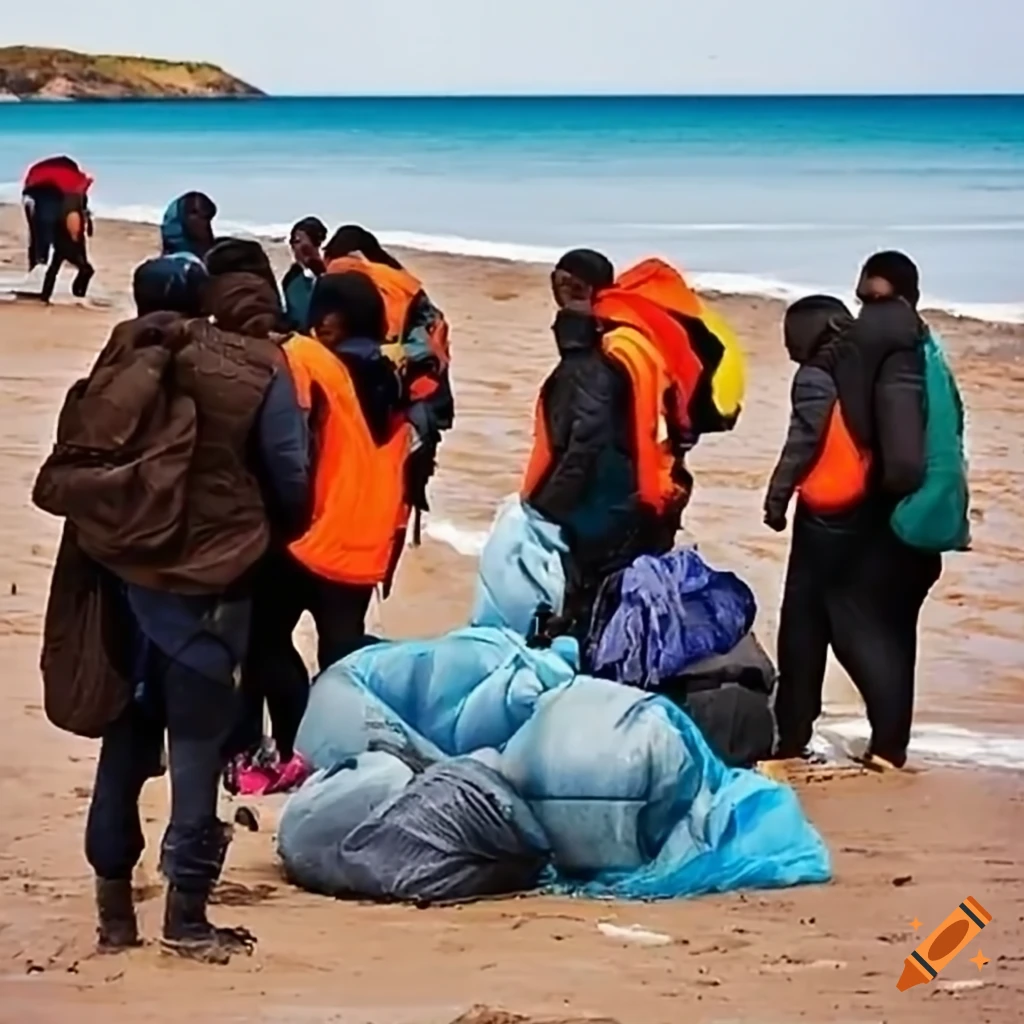 Refugees waiting to board inflatable boats for European voyage on Craiyon