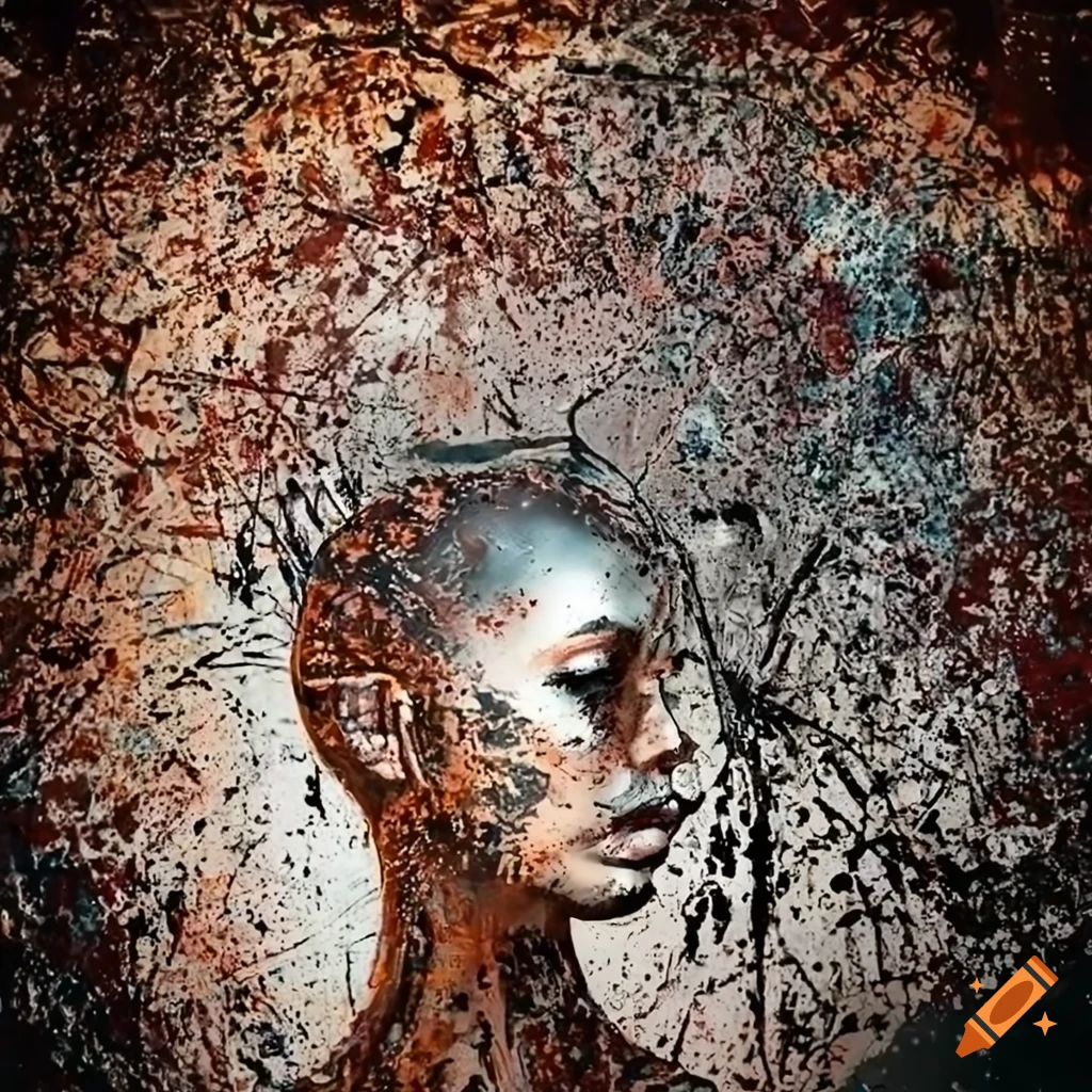 Abstract splatter painting of woman surrounded by exotic flowers and ...