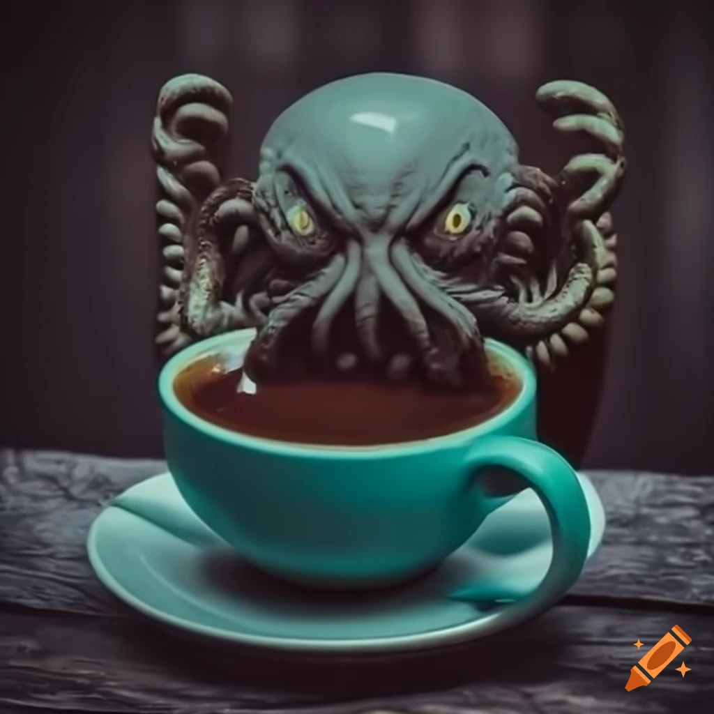 Cthulhu enjoying a cup of coffee on Craiyon