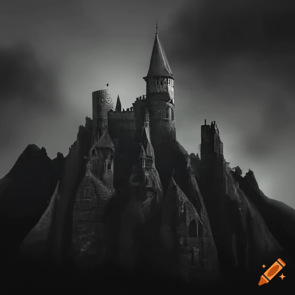 Monochrome abstract collage of a detailed gothic castle on a scary ...