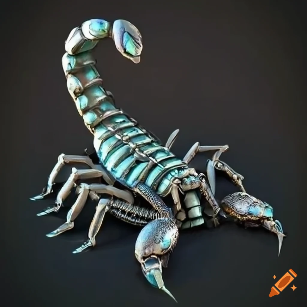 Intricately detailed mechanical scorpion with glowing eyes on Craiyon