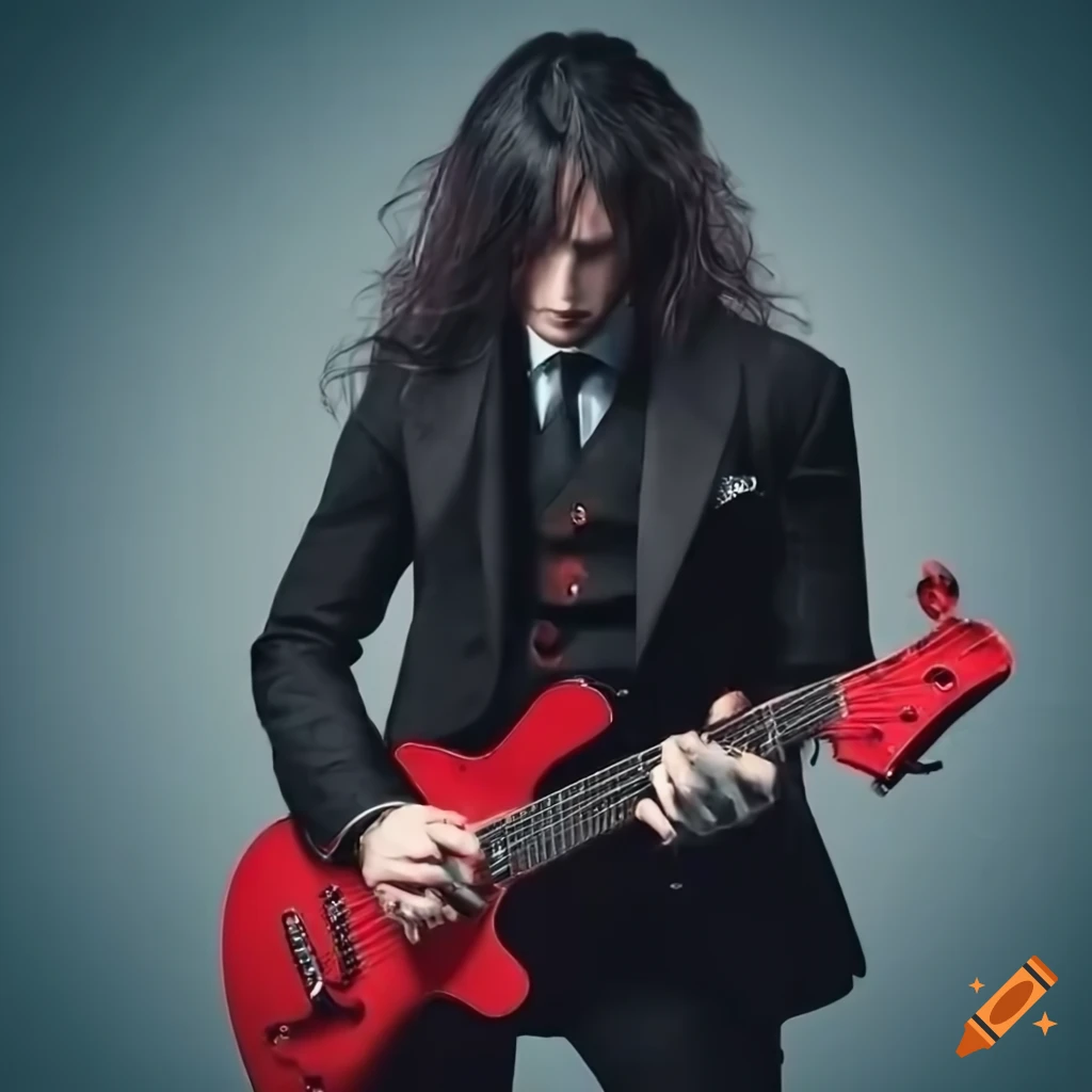 Stylish older rocker in a three-piece suit playing a red electric ...