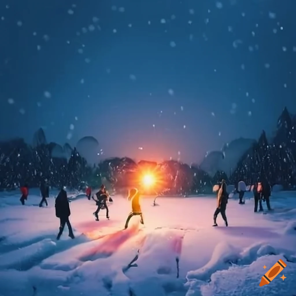 Crowd enjoying snow activities on Craiyon