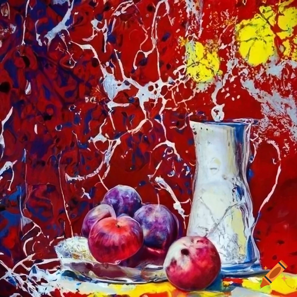 Still life abstract fruit painting in silver, white, red, lilac, and ...