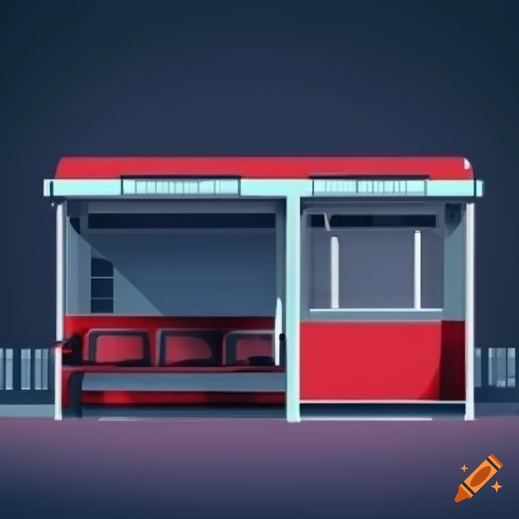 Architectural rendering of a modern bus stop shelter in red and blue on ...