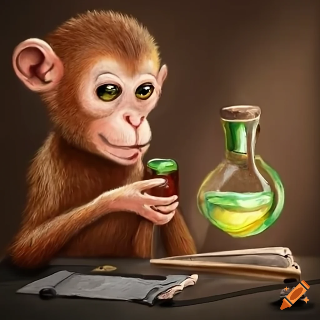 Max the monkey receiving magic potion from a squirrel on Craiyon