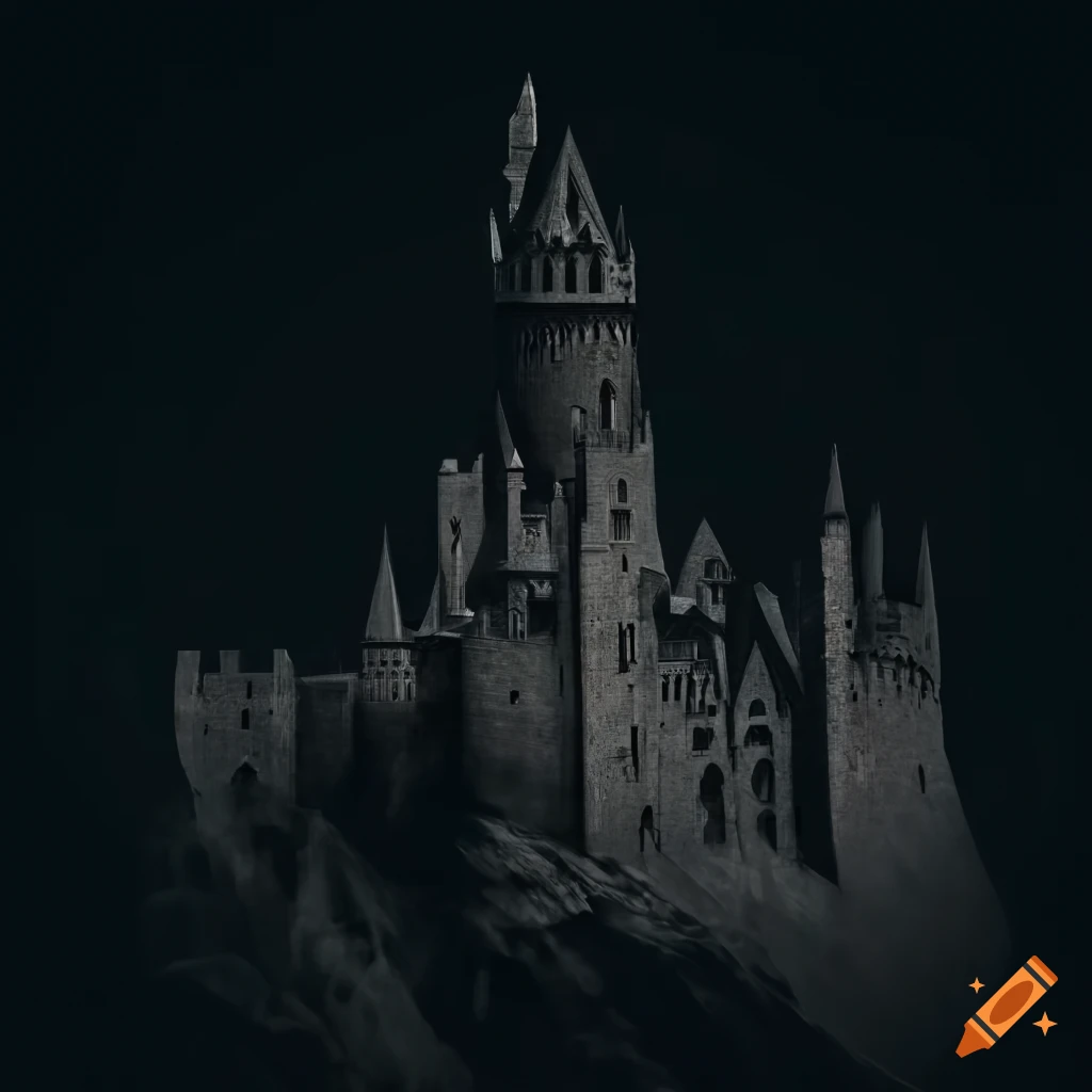 Monochrome abstract collage of a detailed gothic castle on a scary ...