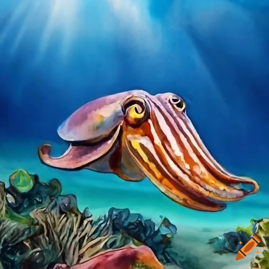 Cuttlefish in a colorful ocean seascape watercolor painting on Craiyon