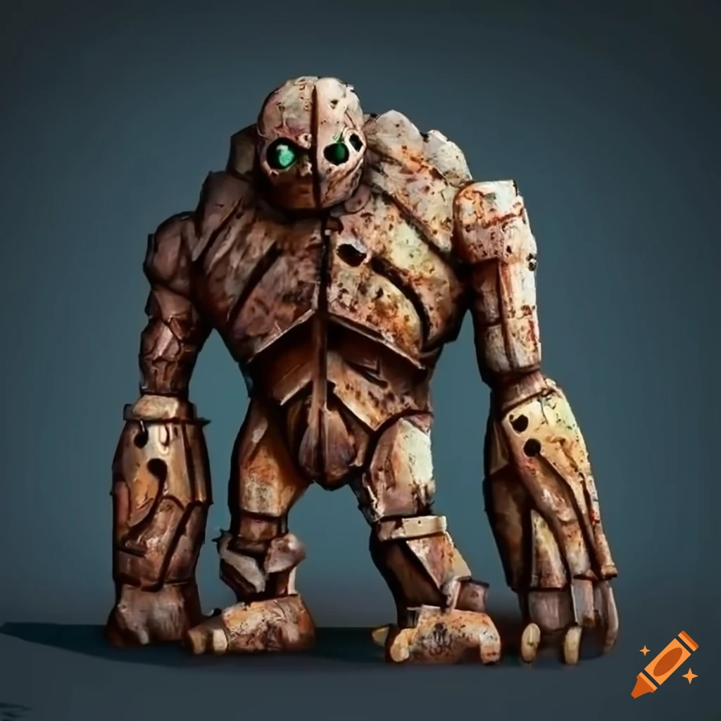 Rusty scrap iron golem with rotary saw in a fantasy setting on Craiyon