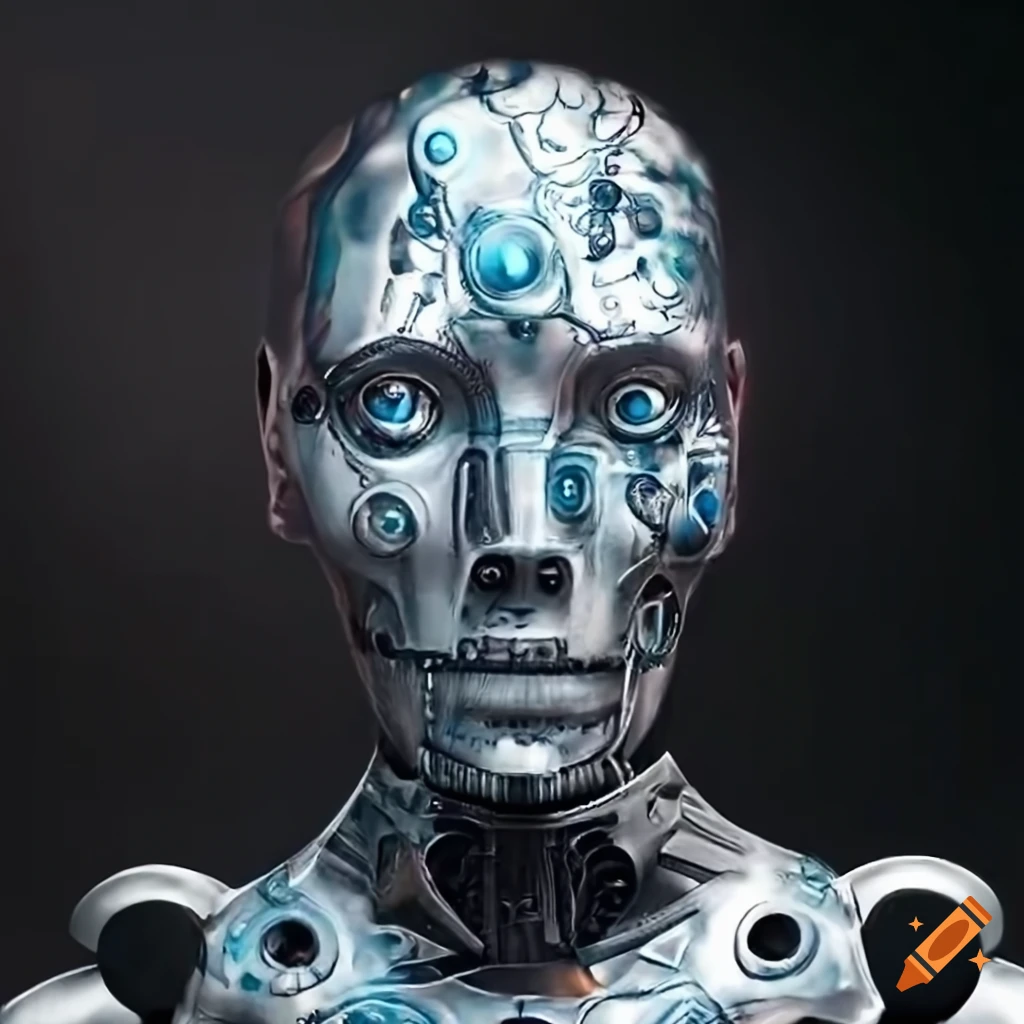 Hyper realistic humanoid robot with encoded secrets in painted tattoos on Craiyon