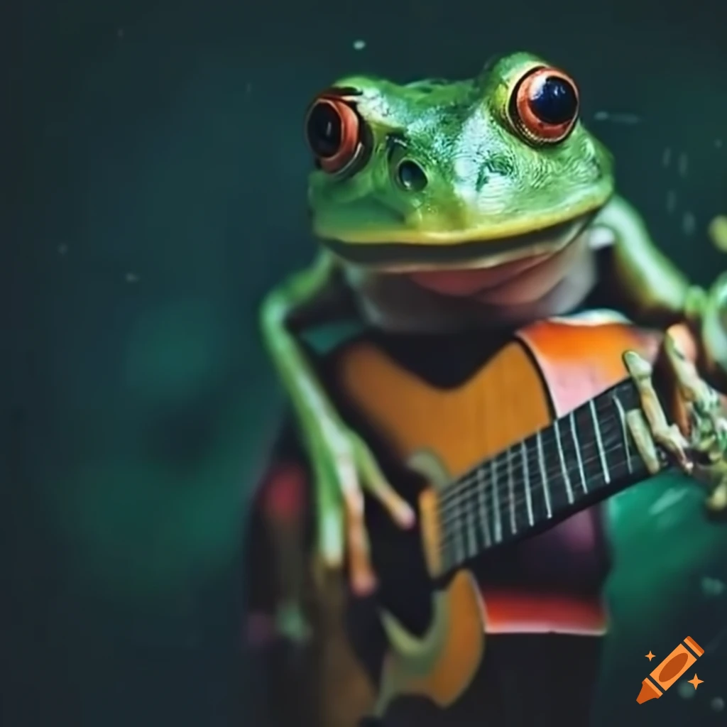 Homeless frog playing guitar under the rain on Craiyon