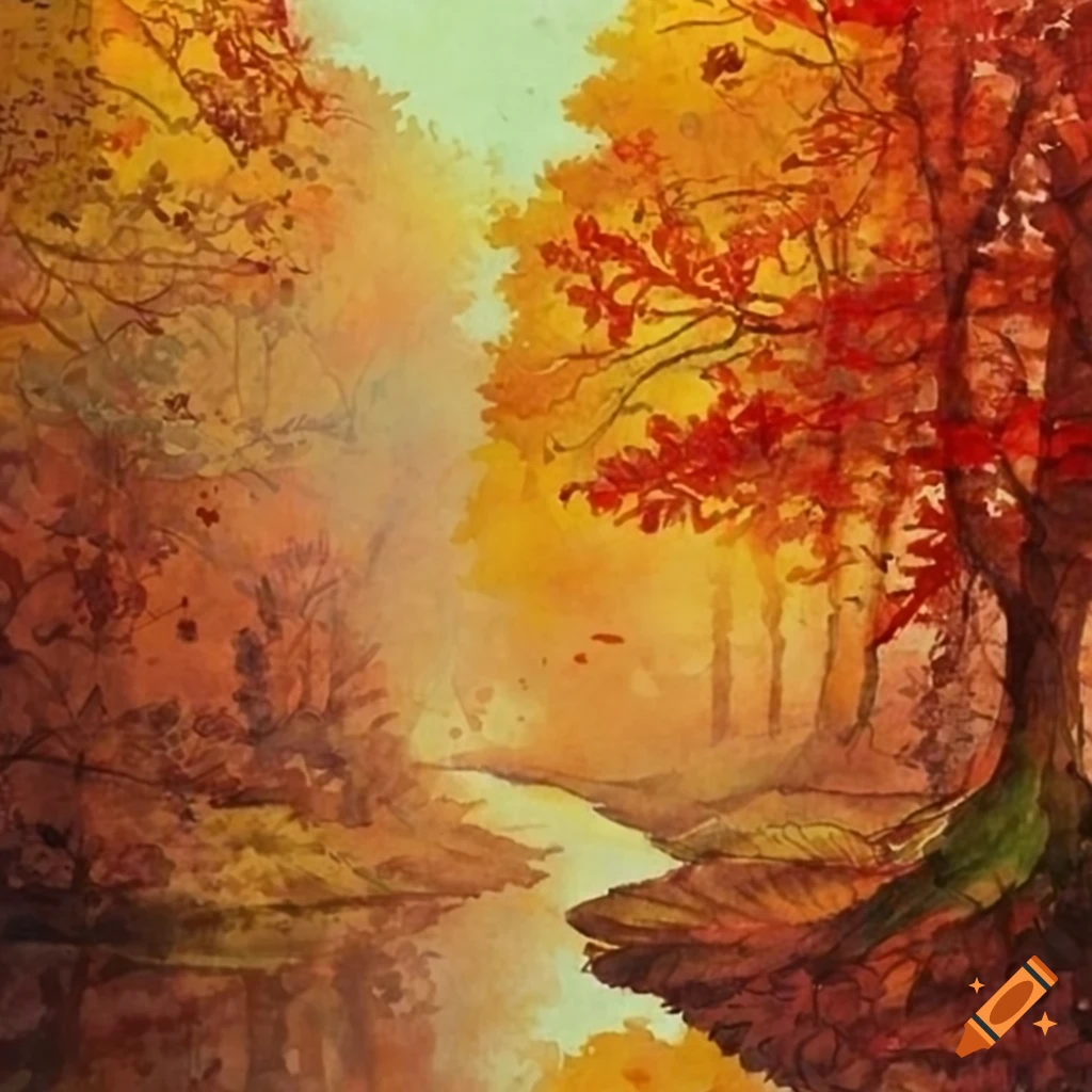 Intricately painted autumn scene with swirling leaves in a renaissance ...