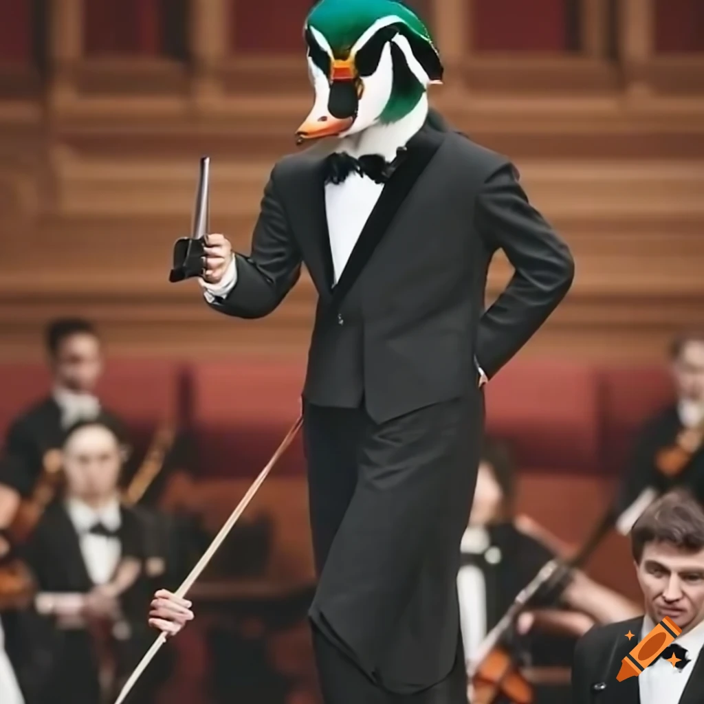 Wood duck in tuxedo conducting orchestra in opera house on Craiyon