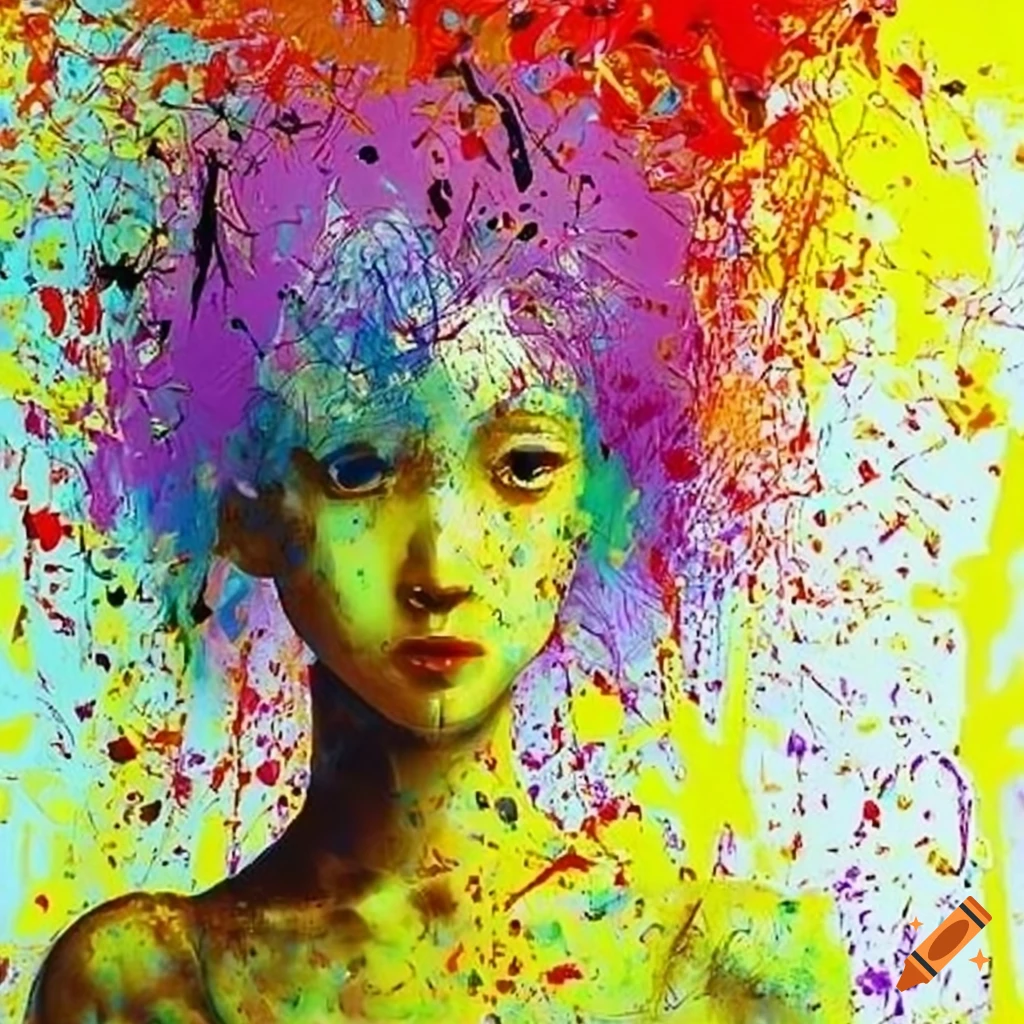 Abstract splatter painting in silver and white, light green, red, lilac ...