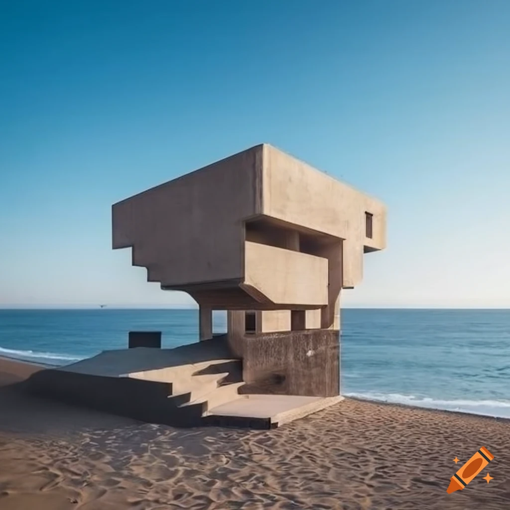 Mc escher inspired brutalist beach house with concrete chair ...