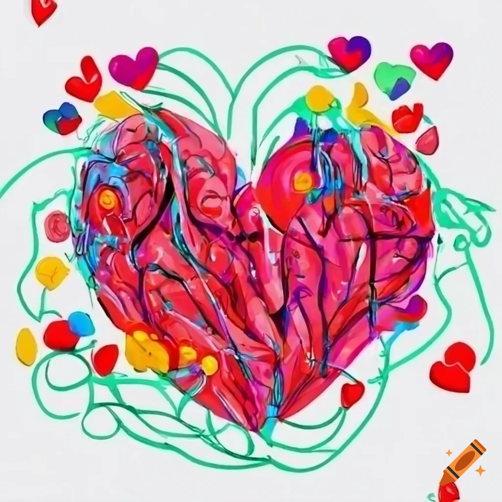 Heart and brain embracing with love in abstract art on white background ...