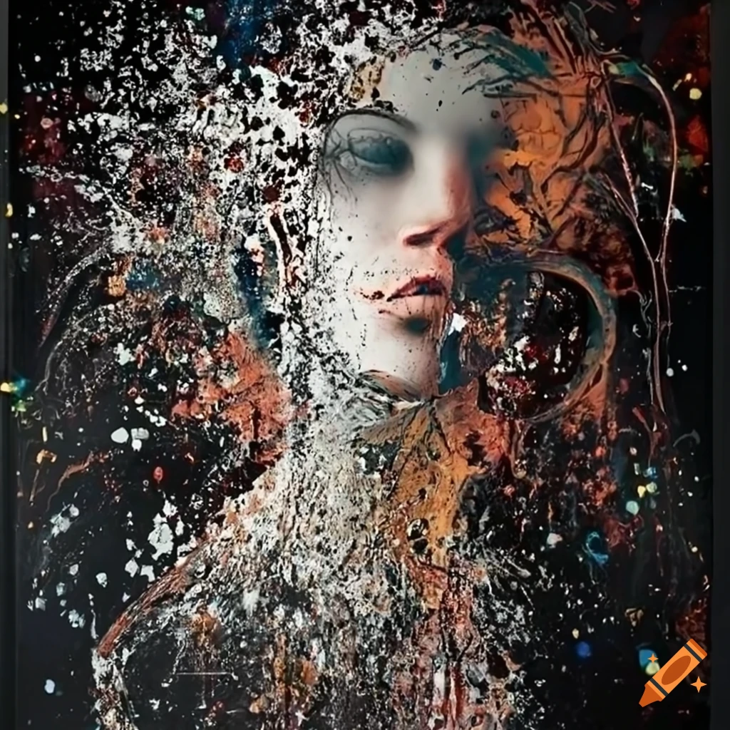 Abstract splatter painting of a woman surrounded by exotic flowers and ...