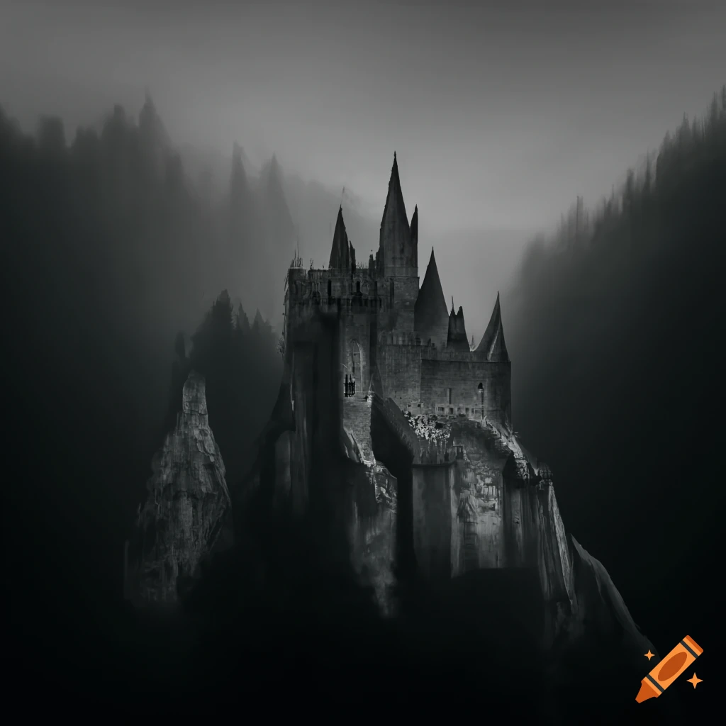 Monochrome abstract collage featuring a huge gothic castle on a scary ...