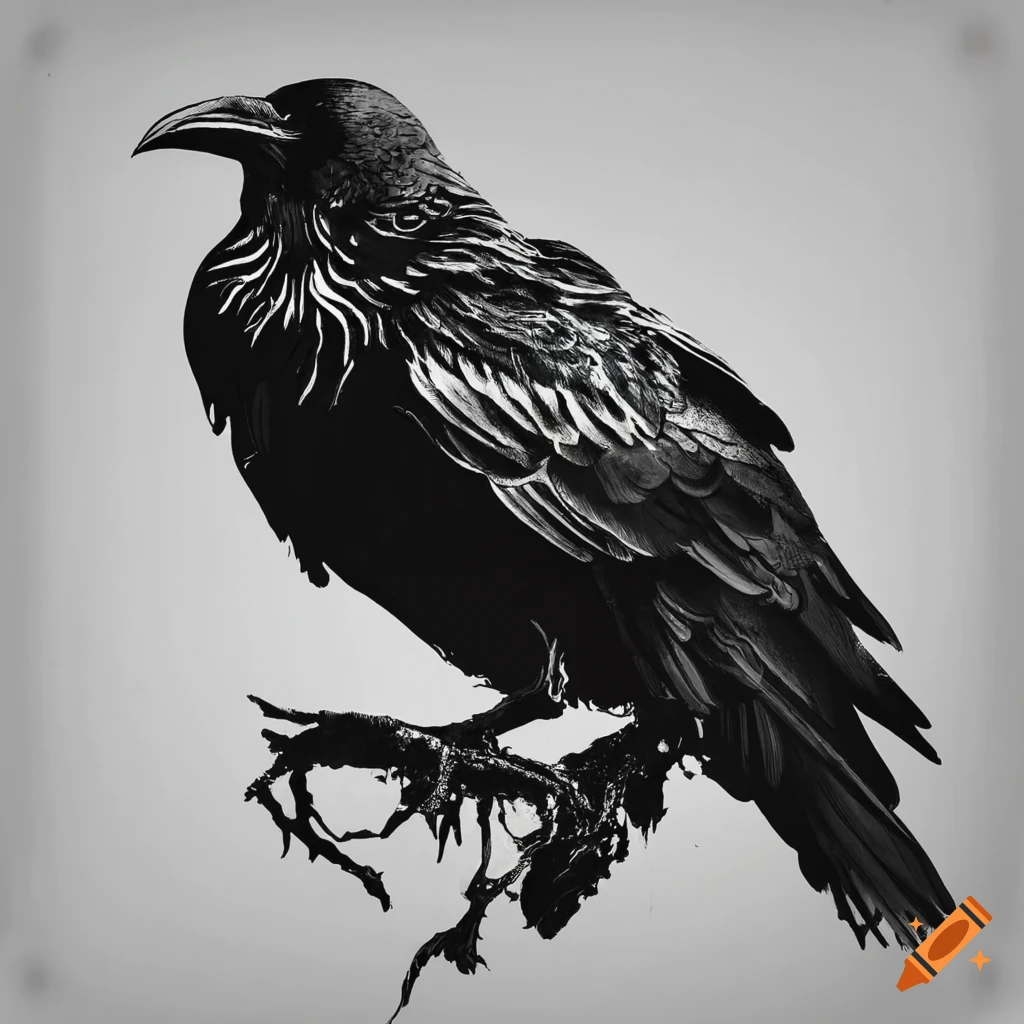 Detailed stencil art of a raven on a tree branch in black and white on ...