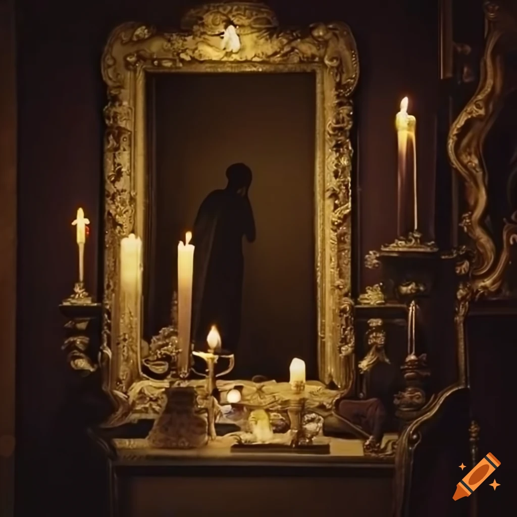 Ghostly figure emerging from antique mirror in dimly lit Victorian room ...
