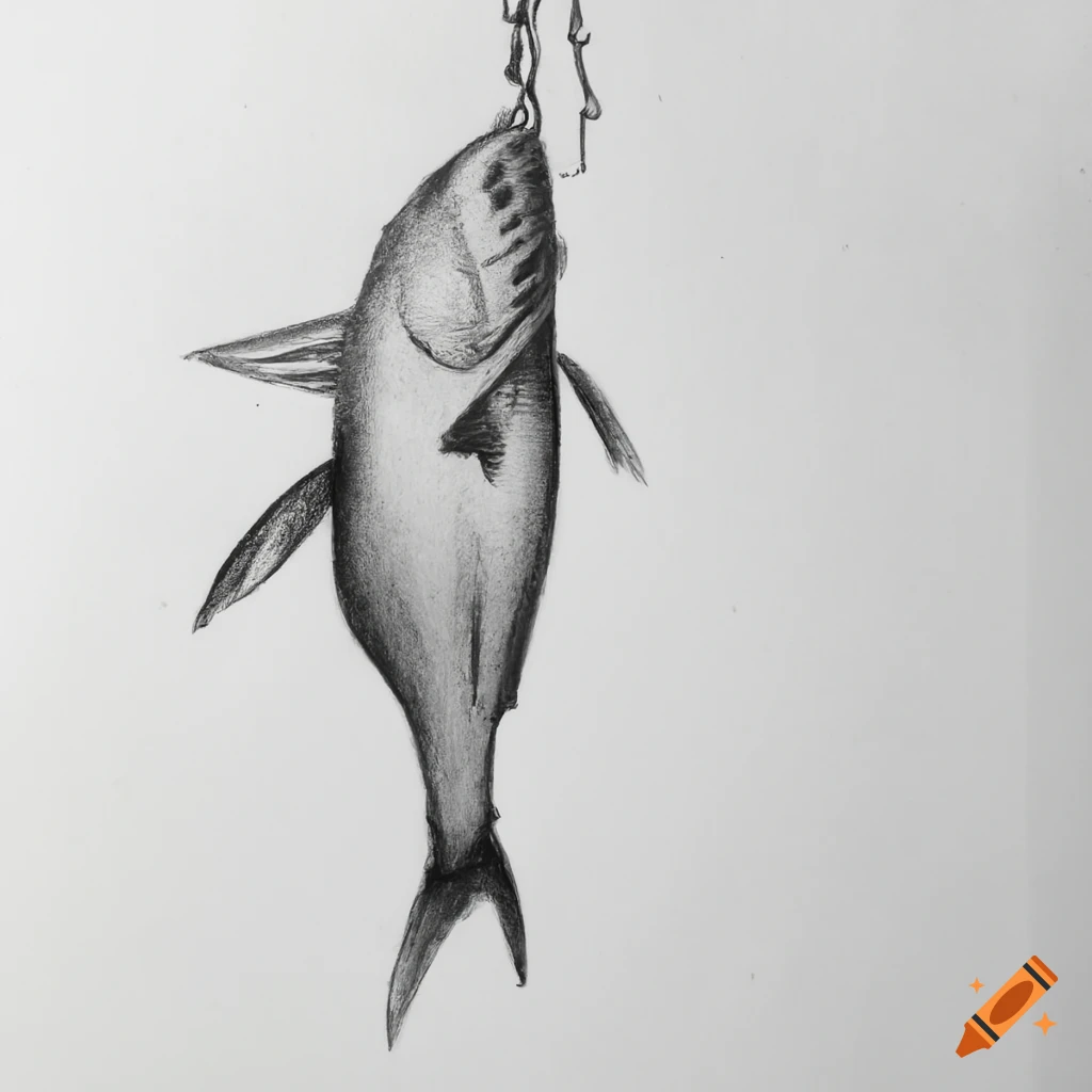 Fish hanging vertically from a twig in a pencil drawing on Craiyon
