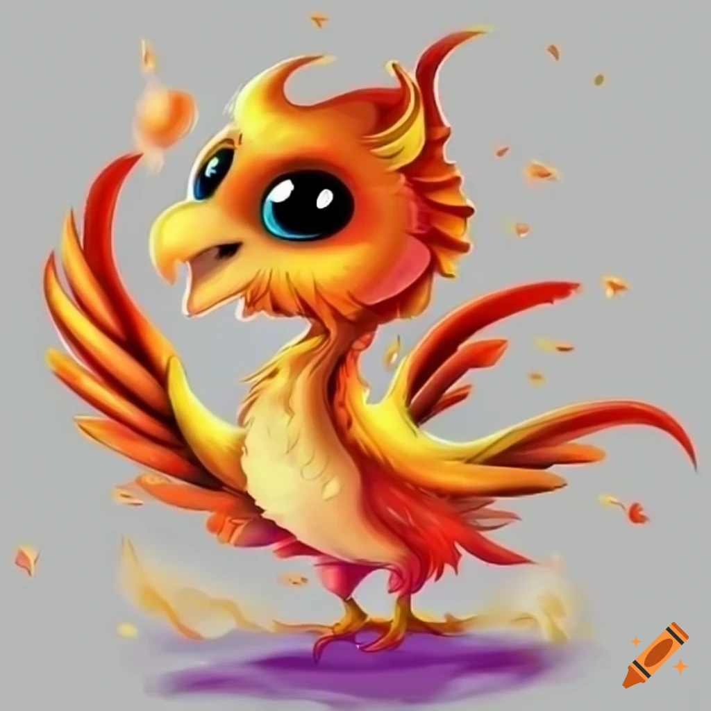 Baby phoenix cartoon displaying strength and beauty on Craiyon