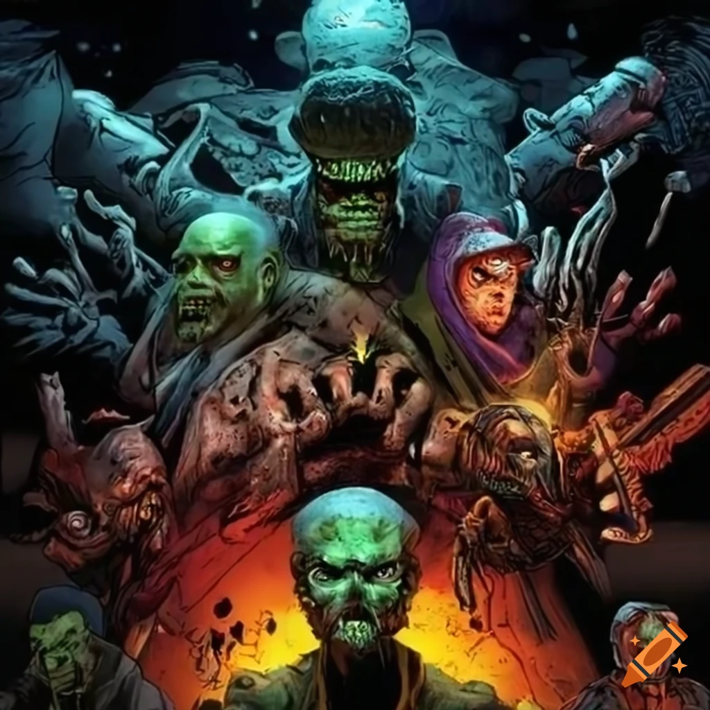 Videogame cover with zombies, guns, cowboys, aliens, and monsters on ...