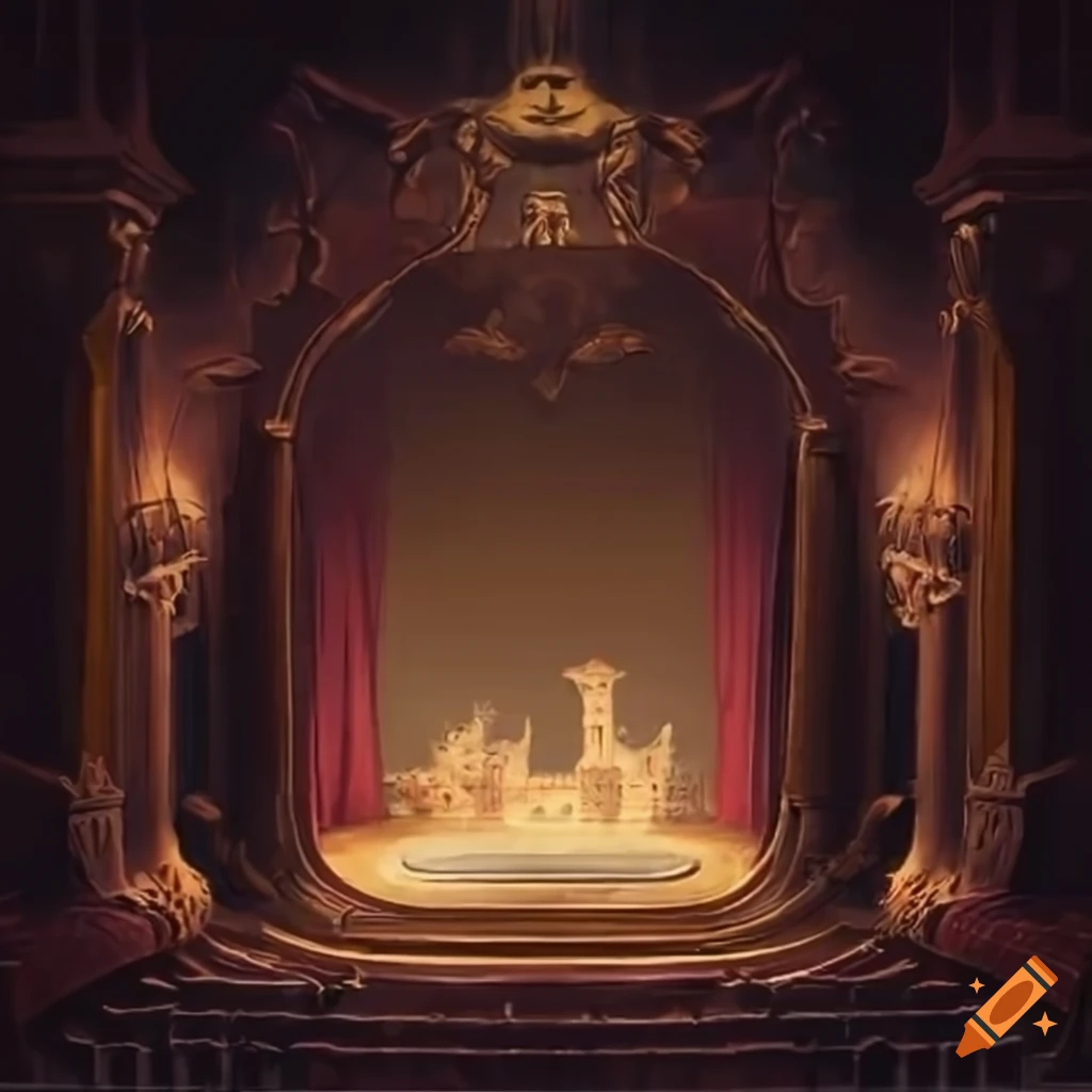 Scriptwriter standing on a theatre stage in a fantasy art style on Craiyon
