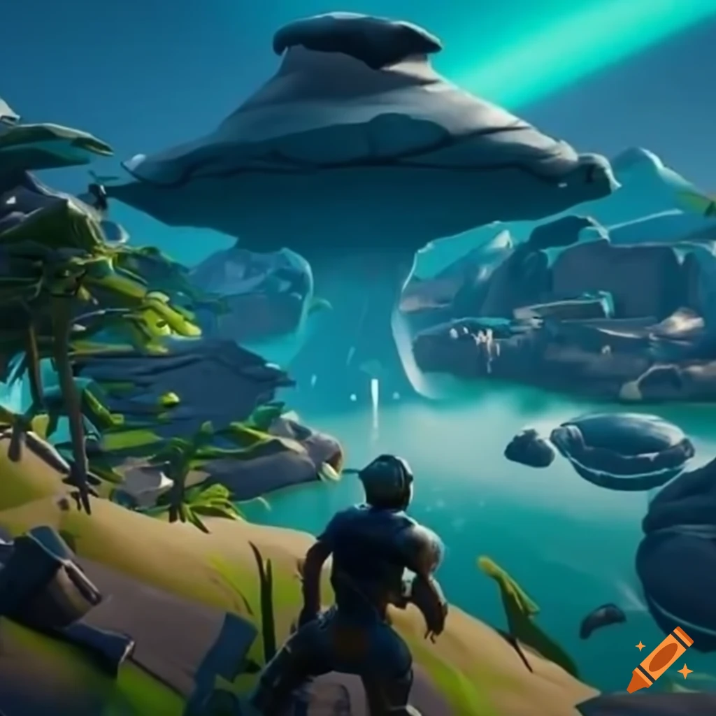 Aliens battling in Fortnite on space islands on Craiyon