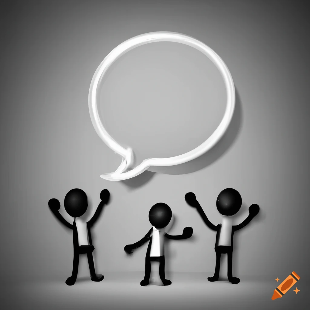 Stick figures discussing with speech bubbles in black and white on Craiyon