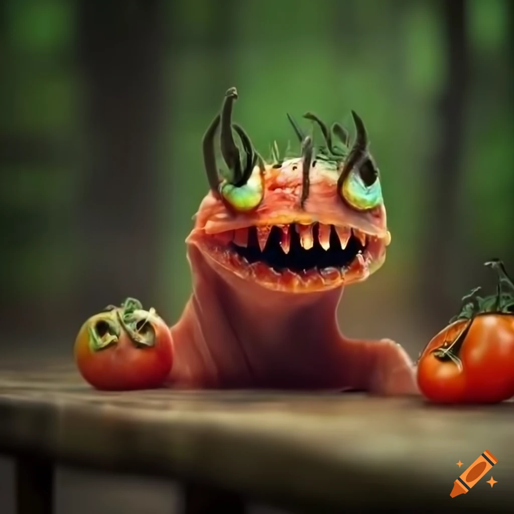 Close-up portrait of the rotten tomato fruit monster in an ultra ...