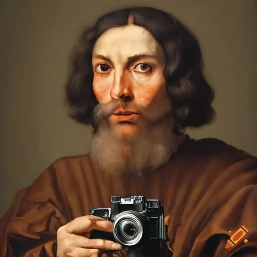 Renaissance painting of a man without a head holding a camera on Craiyon