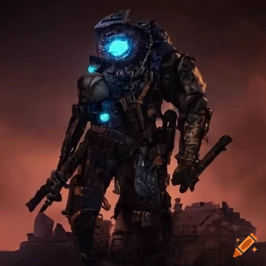 Armored warrior in high-tech exosuit with plasma rifle in post ...