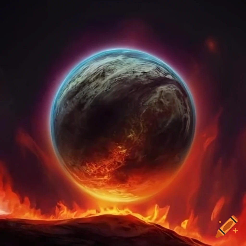 Illustration of an alien planet in ruins surrounded by a ring of fire ...