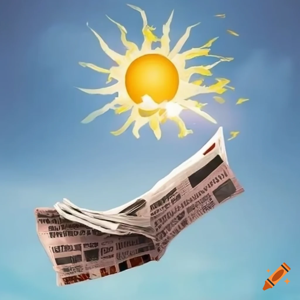 Funny newspaper flying in the wind with sun and nature background on ...