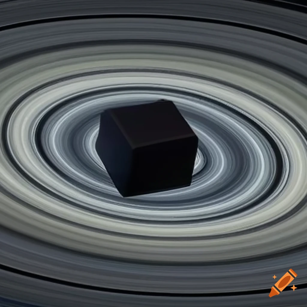 Black cube floating within saturn's rings on Craiyon
