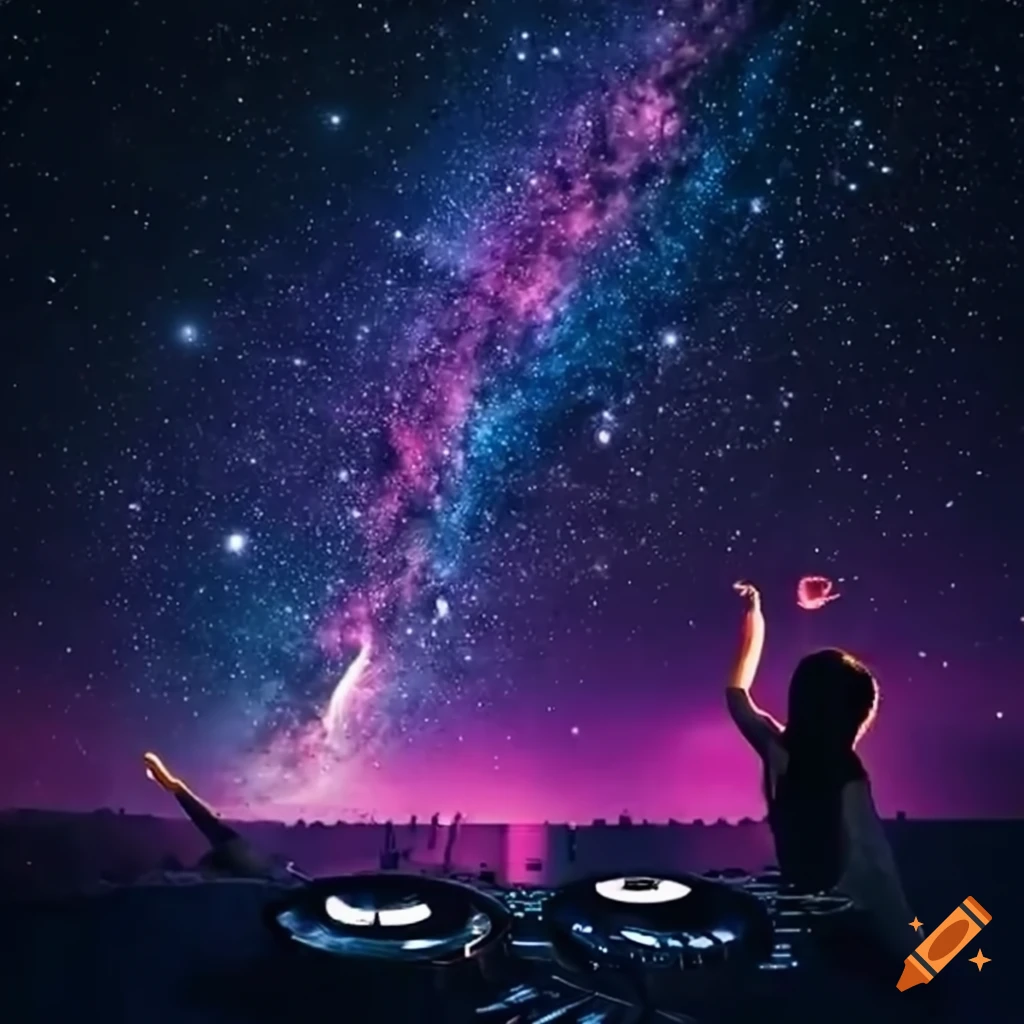 DJ mixing at an epic party under a starry night sky on Craiyon